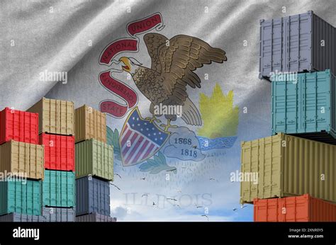 Illinois Us State Flag And Big Stack Of Shipping Cargo Containers In