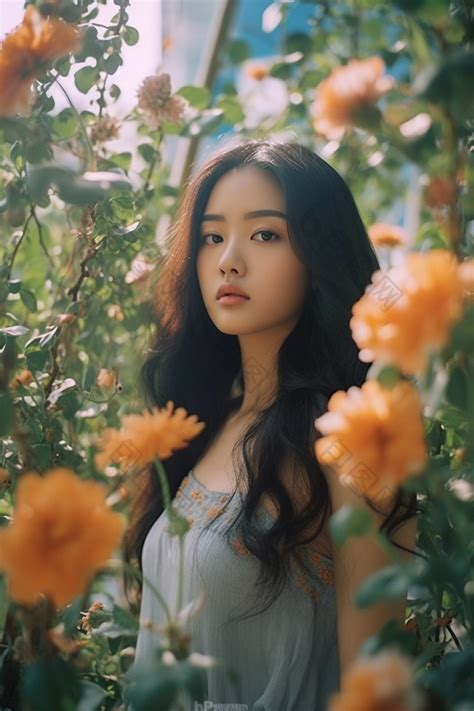 花园中的亚洲女孩艺术人像美女模特图片 包图网