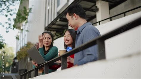 Classmate Student Friend Standing On Walkwayand Talk About Learning Content Subject In Classroom