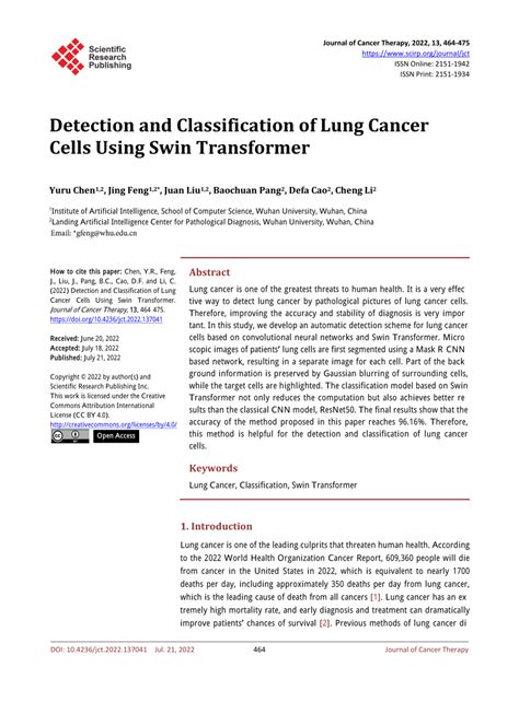 Pdf Detection And Classification Of Lung Cancer Cells Using Swin Transformer