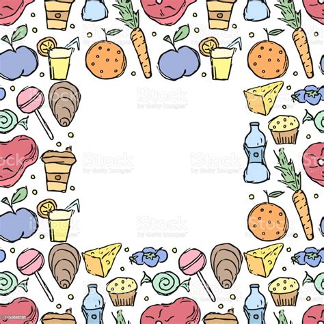 낙서 음식 프레임입니다 텍스트를 위한 장소와 함께 음식을 그리는 배경 건강한 식생활에 대한 스톡 벡터 아트 및 기타 이미지 건강한 식생활 과일 낙서 드로잉 Istock