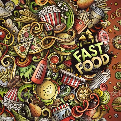 패스트 푸드 손으로 그린 벡터 낙서 그림입니다 패스트 푸드 프레임 카드 디자인 3차원 형태에 대한 스톡 벡터 아트 및 기타