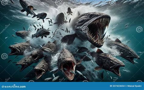 Group Of Dunkleosteus Circling Royalty Free Cartoon 48960443