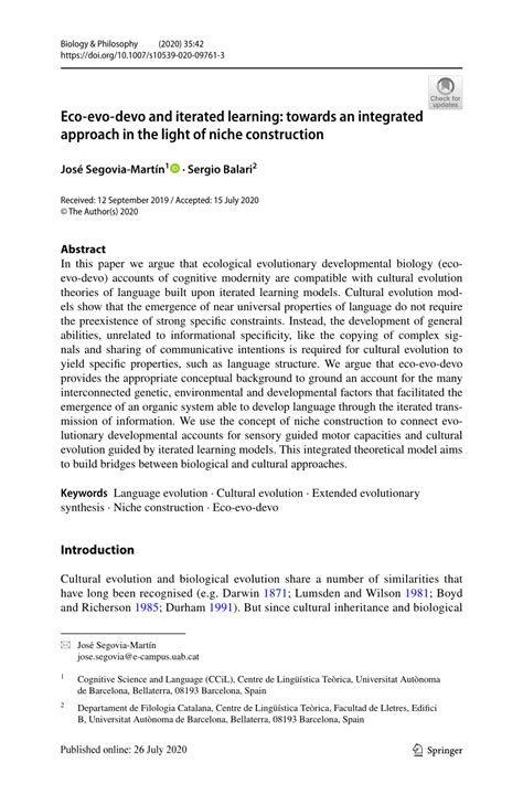 Pdf Eco Evo Devo And Iterated Learning Towards An Integrated Approach In The Light Of Niche