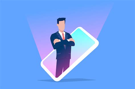 비즈니스 맨의 벡터 비즈니스 일러스트 레이 션은 컬러 배경의 스마트 폰 화면에서 나타납니다 남자 가상 비서의 평면 스타일 디자인 Brand Name Smart Phone에