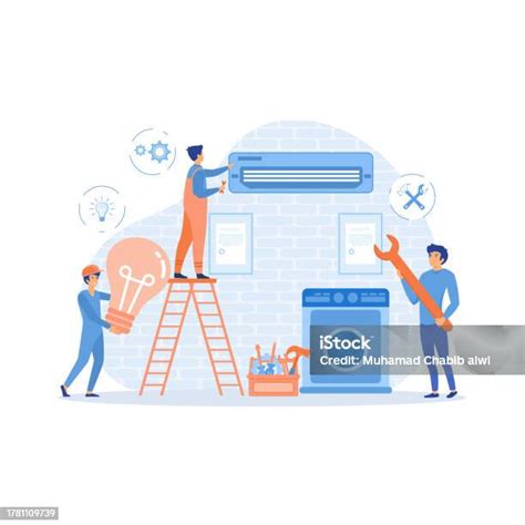 행복 한 Servicemen 수리 기계 집에서 평면 벡터 그림 플랫 벡터 현대 일러스트 레이 션 주방용 기기에 대한 스톡 벡터