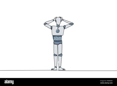 Single One Line Drawing Robot Standing Straight Holding Head With Both