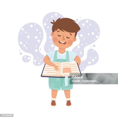 귀여운 소년 서 있는 와 독서 열린 책 와 꿈꾸는 벡터 일러스트 아이에 대한 스톡 벡터 아트 및 기타 이미지 아이 어린