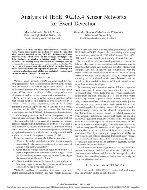 Pdf Analysis Of Ieee 802154 Sensor Networks For Event Detection