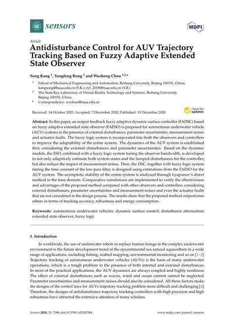Pdf Antidisturbance Control For Auv Trajectory Tracking Based On Fuzzy Adaptive Extended State