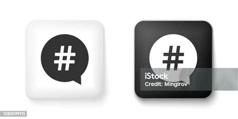 흰색 배경에 격리 된 원 아이콘의 흑백 해시 태그 소셜 미디어 기호 번호 기호의 개념 소셜 미디어 마이크로 블로깅 홍보 인기 정사각형 버튼입니다 벡터 Brand Name