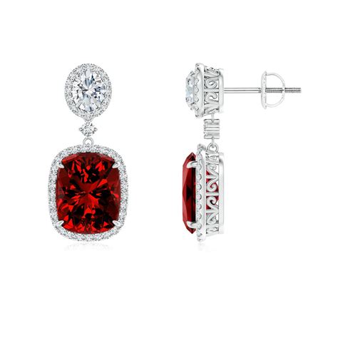 Lab Grown Two Tier Claw Set Ruby Dangle Earrings With Lab Diamond Halo