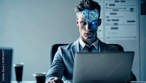 Ai Chatbot Robot Assistant Sitting At Desk Using Computer As Artificial Intelligence Business