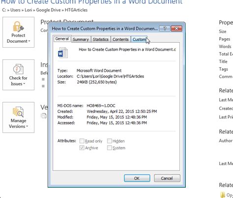 how to create custom properties in a word document