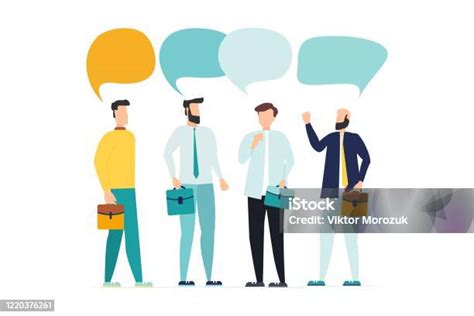 벡터 일러스트 플랫 스타일 사람들이 이야기합니다 흰색 배경에 생각을 가진 사업가 벡터 Brand Name Online Messaging Platform에 대한 스톡 벡터