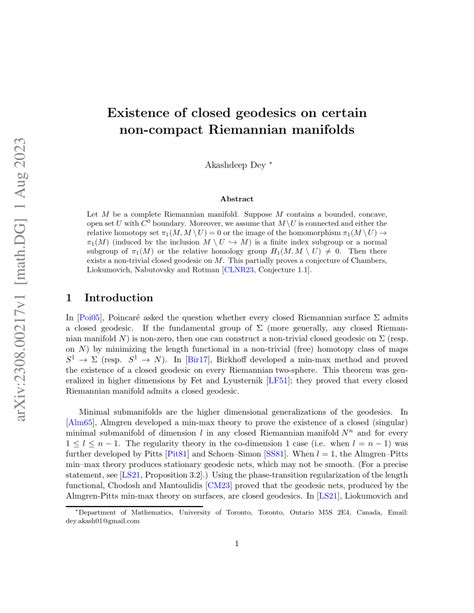 Pdf Existence Of Closed Geodesics On Certain Non Compact Riemannian