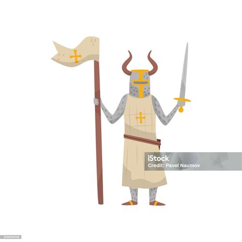 흰색 배경에 플래그와 칼 벡터 일러스트와 함께 중세 기갑 기사단 나이트 전사 캐릭터 The Crusades에 대한 스톡 벡터 아트 및 기타 이미지 The Crusades