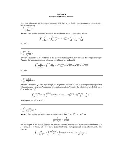 Calculus Ii Practice Problems Integral Convergence And Solutions