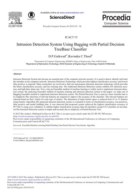 Pdf Intrusion Detection System Using Bagging With Partial Decision Treebase Classifier