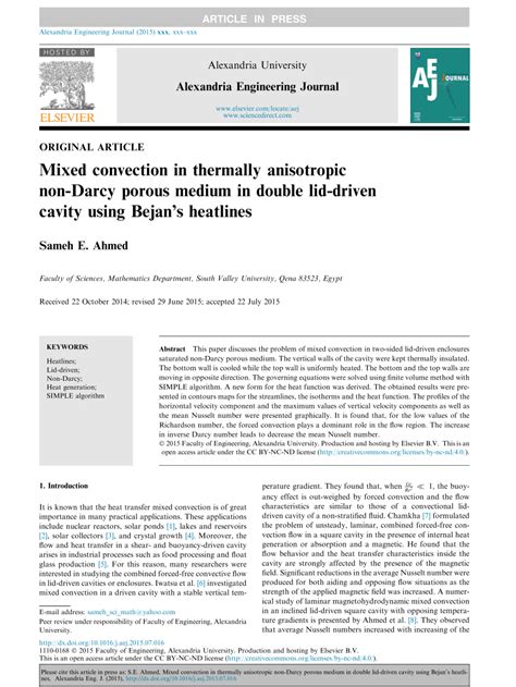 Pdf Mixed Convection In Thermally Anisotropic Non Darcy Porous Medium In Double Lid Driven