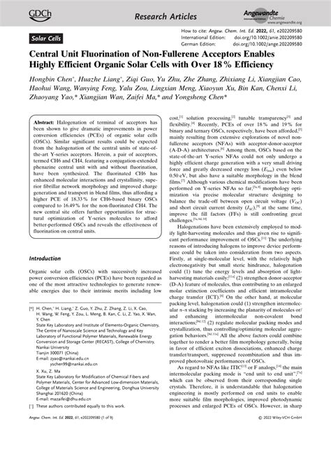 Central Unit Fluorination Of Non‐fullerene Acceptors Enables Highly Efficient Organic Solar