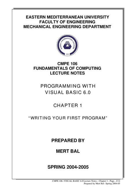 Vb Tutor Chapter 1 Helpful Cmpe 106 Visual Basic 6 Lecture Notes