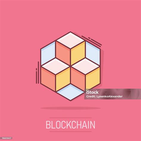 만화 스타일의 벡터 만화 블록 체인 기술 아이콘 암호화 큐브 블록 개념 일러스트 그림 그림 블록 체인 알고리즘 비즈니스 스플래시 효과 개념 개체 그룹에 대한 스톡 벡터 아트