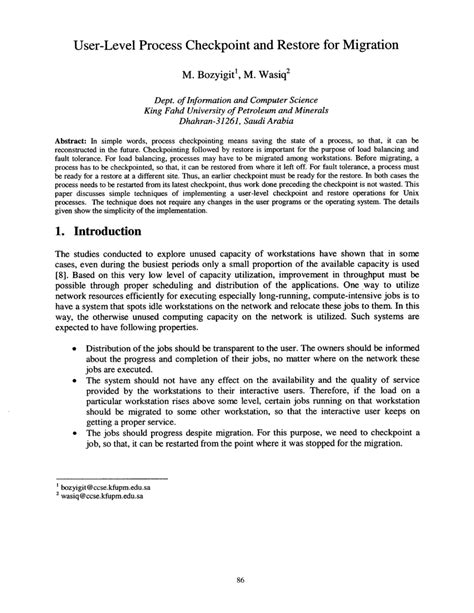 Pdf User Level Process Checkpoint And Restore For Migration