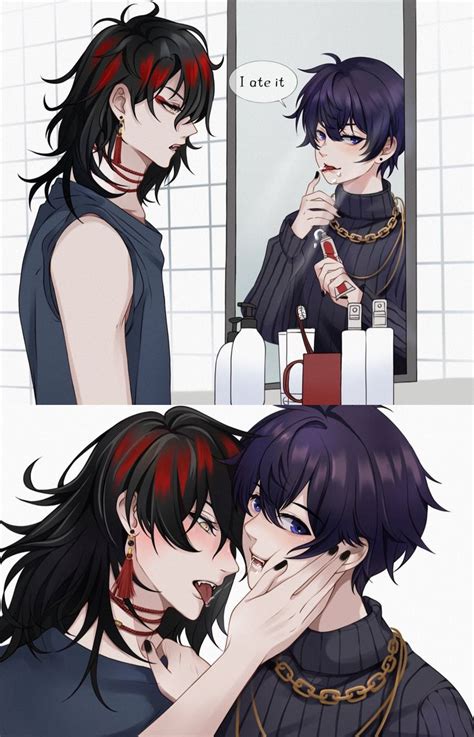 Two People In Front Of A Mirror With Their Faces Touching Each Other S