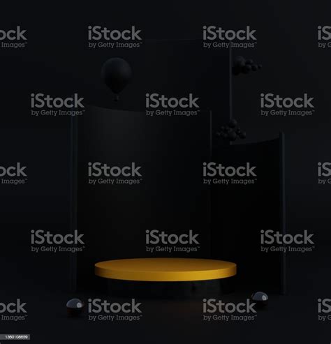 검은 색 배경에 검은 색과 금색 실린더 연단최소한의 어두운 장면 제품 프리젠 테이션을위한 고급스럽고 현대적인 개념3d 렌더링 일러스트레이션 0명에 대한 스톡 사진 및 기타