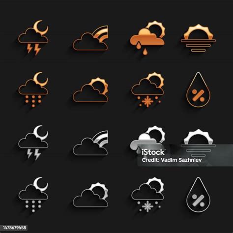 태양과 구름 날씨 일출 물방울 비율 눈 태양이있는 구름 비 달 폭풍 및 무지개 구름 아이콘을 설정합니다 벡터 0명에 대한 스톡 벡터 아트 및 기타 이미지 Istock