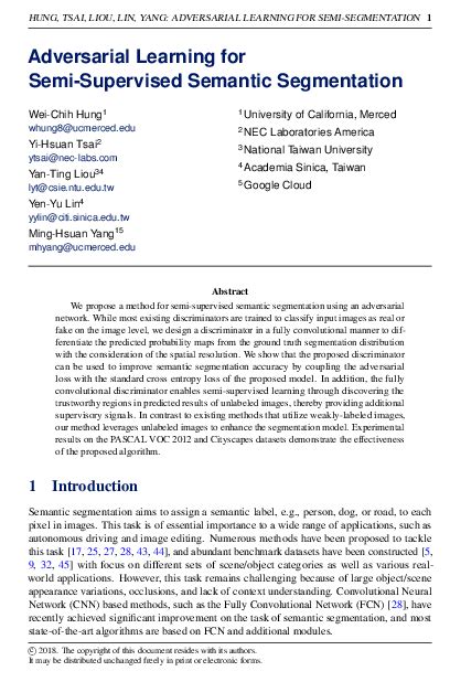 Pdf Adversarial Learning For Semi Supervised Semantic Segmentation