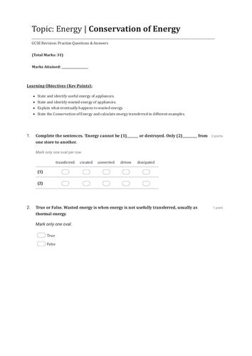Gcse Igcse Physics Conservation Of Energy Self Assessment Questions And Answers [2023