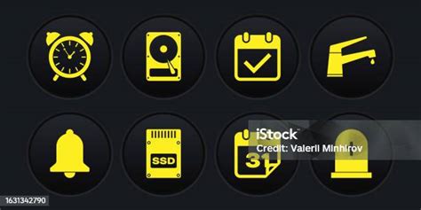 벨소리 벨 수도꼭지 Ssd 카드 캘린더 확인 표시 및 하드 디스크 드라이브 Hdd 아이콘을 설정합니다 벡터 검은색에 대한 스톡 벡터 아트 및 기타 이미지 Istock