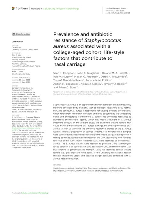 Pdf Prevalence And Antibiotic Resistance Of Staphylococcus Aureus Associated With A College