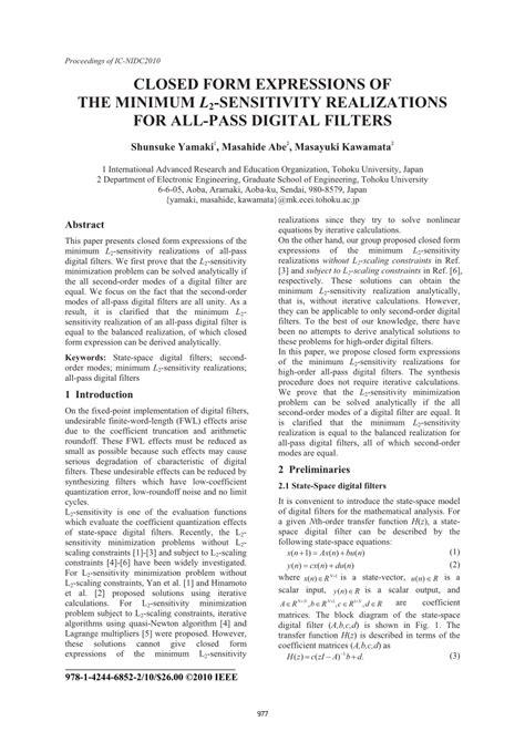 Pdf Closed Form Expressions Of The Minimum L2 Sensitivity Realizations For All Pass Digital
