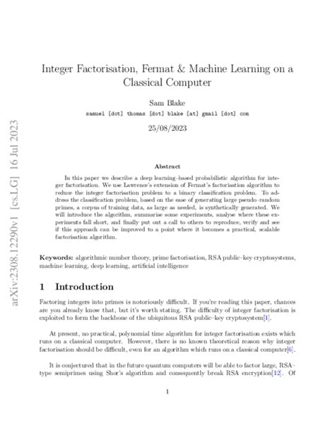 Pdf Integer Factorisation Fermat And Machine Learning On A Classical Computer