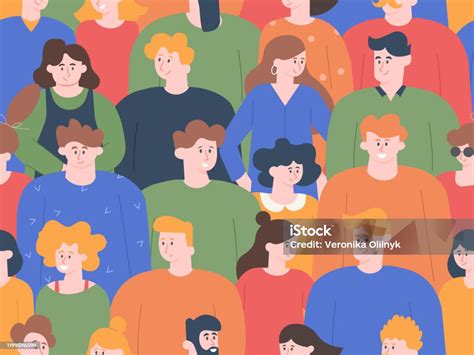 사람들은 군중 패턴 그룹 사람들 초상화 공개 회의 또는 사회 시위에 젊은 남자와 여자 귀여운 웃는 친구 캐릭터 원활한 벡터 일러스트 공동체에 대한 스톡 벡터 아트 및 기타