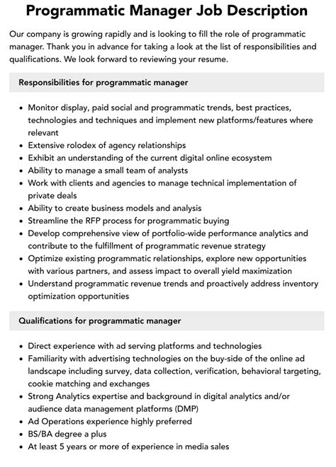 Programmatic Manager Job Description Velvet Jobs