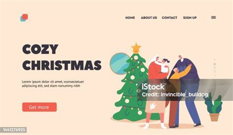 아늑한 크리스마스 랜딩 페이지 템플릿입니다 행복한 아이들은 집 안에서 조부모를 안아줍니다 휴일을위한 가족 회의 조부모에 대한