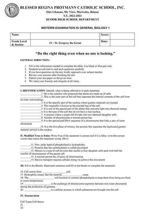 EXAM GEN BIO Midterm EXAM BLESSED REGINA PROTMANN CATHOLIC Babe INC Sitio Libanan Mt