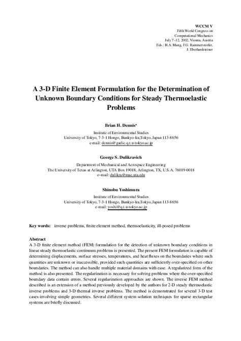 Pdf A 3 D Finite Element Formulation For The Determination Of Unknown Boundary Conditions For