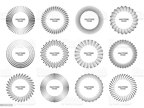 하프톤 원 프레임입니다 하프톤점 그라데이션 점선 원 모양 및 추상기하학적 도트 벡터 세트가 있는 복고풍 원형 프레임 그라데이션에 대한 스톡 벡터 아트 및 기타 이미지