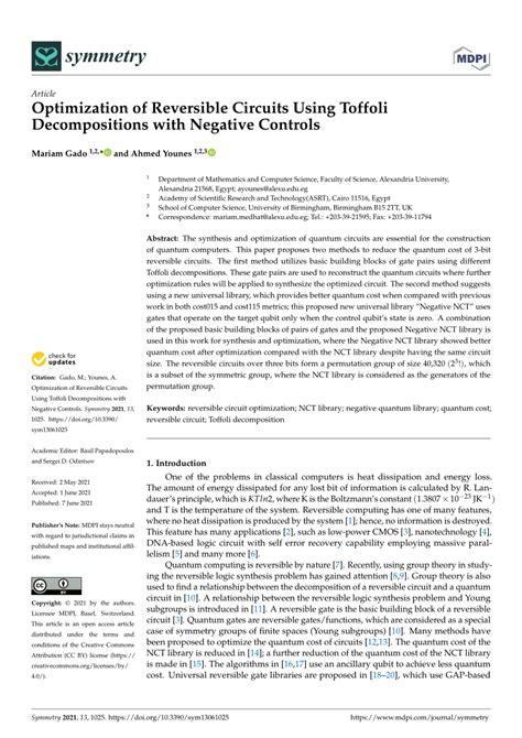 Pdf Optimization Of Reversible Circuits Using Toffoli Decompositions
