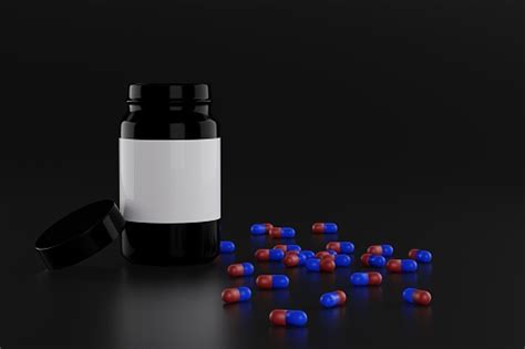 용기는 검은 색이며 흰색 스티커와 흩어져있는 정제가 있습니다 검은 배경 텍스트를위한 장소 일러스트레이션3d 이미지 0명에 대한