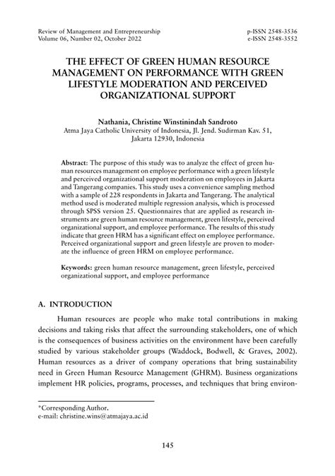 Pdf The Effect Of Green Human Resource Management On Performance With Green Lifestyle