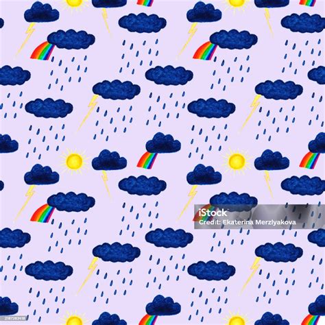 비가 오는 날씨의 완벽 한 래스터 패턴입니다 비 뇌우 라일락 배경에 구름 재킷과 작업복의 직물에 대한 패턴 날씨의 아이들의 밝은 그림 개념에 대한 스톡 벡터 아트 및 기타