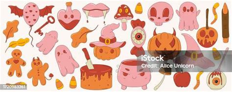 큰 할로윈 손으로 그린 세트입니다 귀엽고 소름 끼치고 귀여운 으스스한 요소 복고풍 만화 스타일 Groovy 클립 아트 컬렉션 괴물 마스코트 마녀의 가마솥 호박 유령 두개골