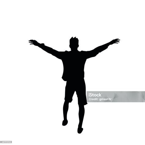 검은 실루엣 남자 명랑 제기 손 전체 길이 흰색 배경 행복 한 사람 이상 격리 남자에 대한 스톡 벡터 아트 및 기타 이미지 남자 비행기 팔 신체 부분 Istock