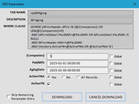 Parameter Form Tad Transfer All Data
